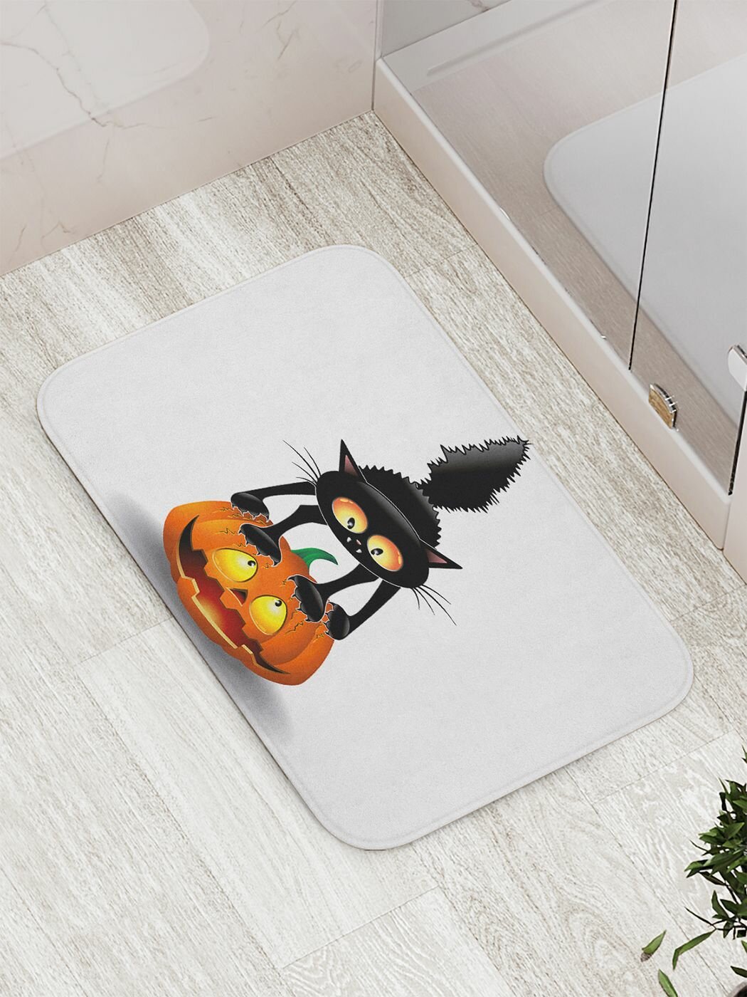 Коврик для ванной комнаты, туалета "Кот на тыкве" противоскользящий, 52х77 см, JoyArty, серия Хэллоуин