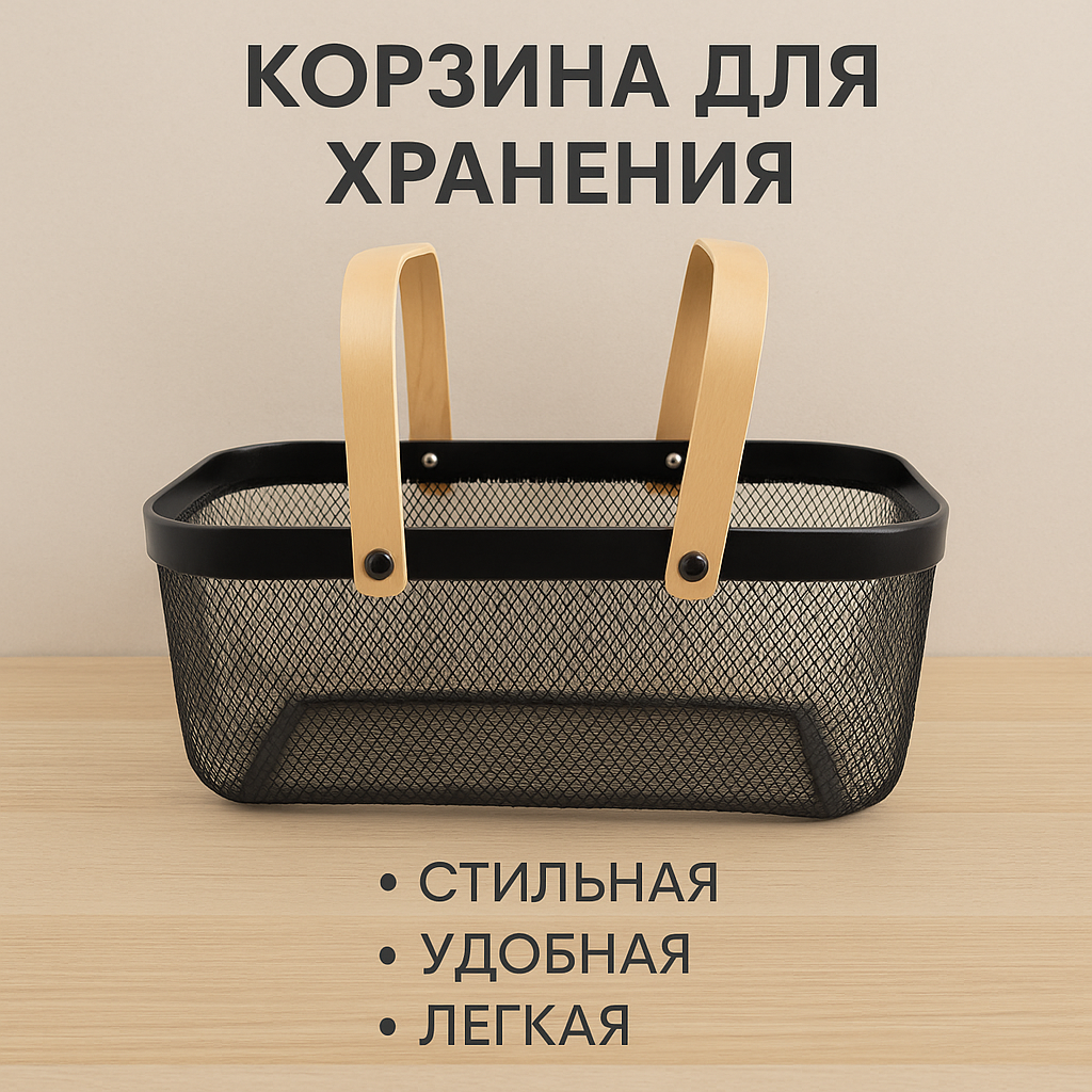 Корзина металлическая с деревянной ручкой TODELIA Thorm 40 х 21 х 18 см, черная