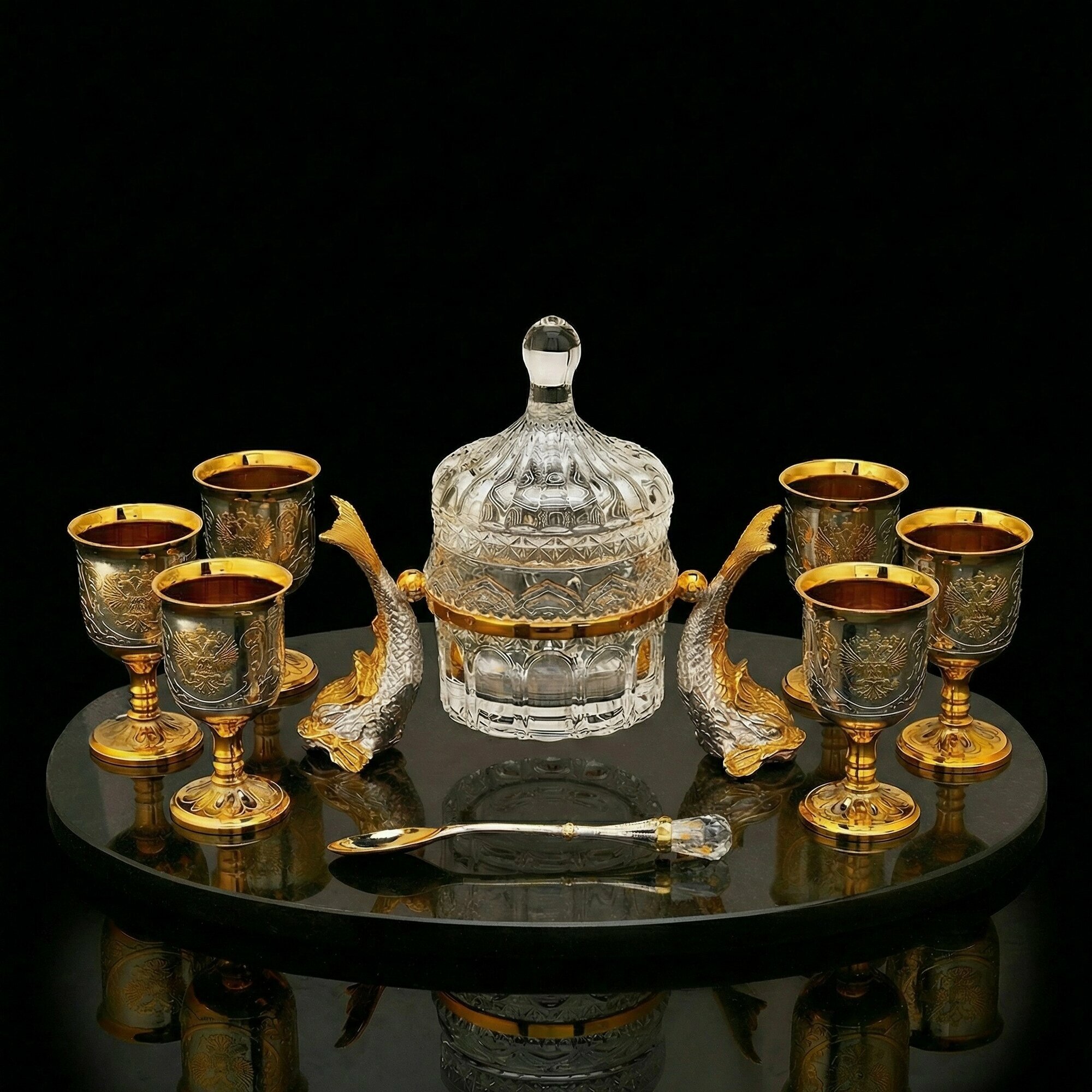 206782 Златоуст Икорница "Рыба-кит"+6 рюмок РФ, с крыш, змеевик NAW-IRK6