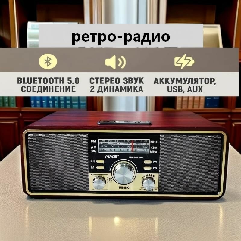 Магнитола радиоприемник NNS6681, 20 Вт, коричнево-красный