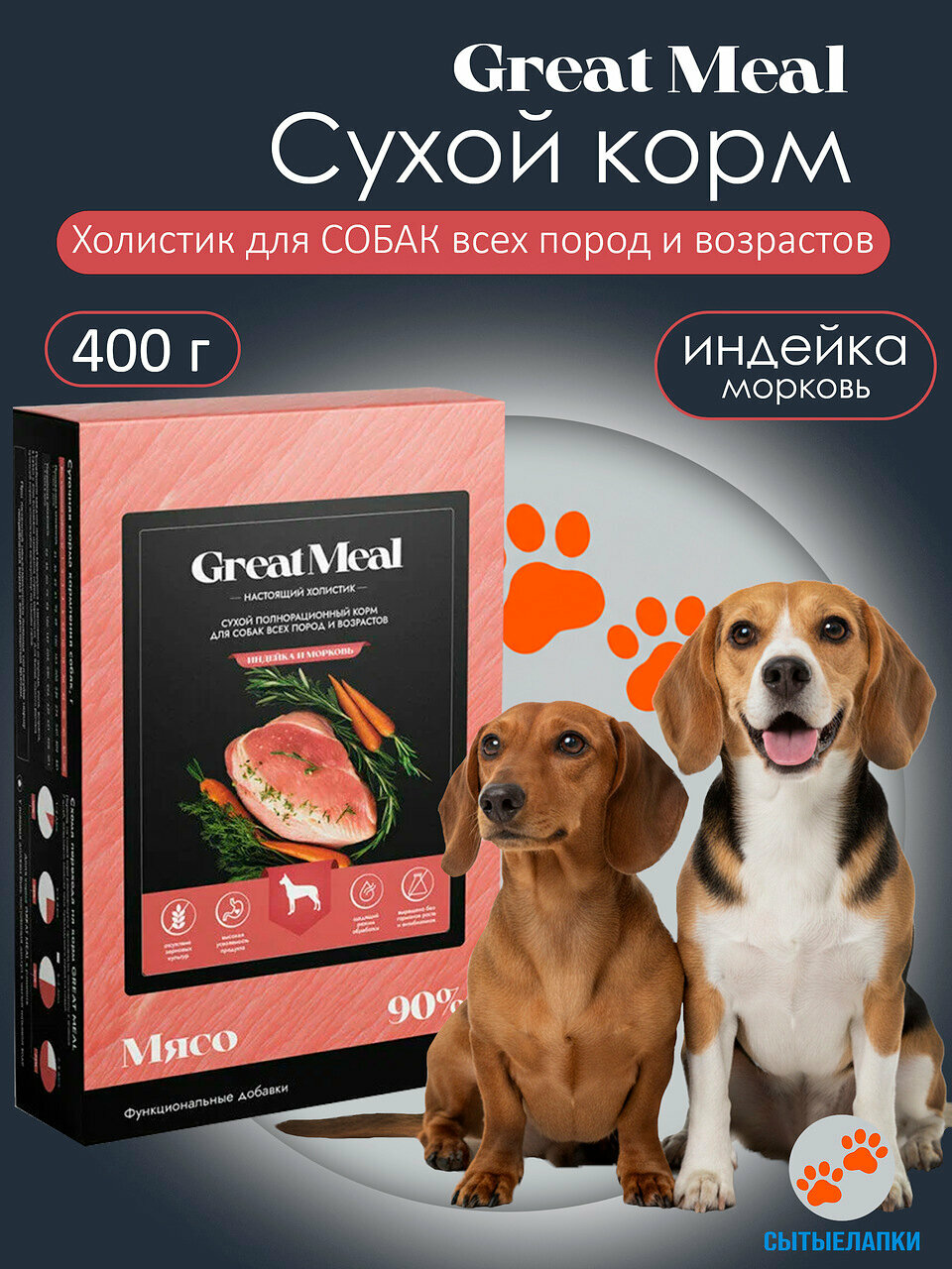 Корм сухой полнорационный GREAT MEAL для всех пород и возрастов собак из индейки с морковью, 0,4 кг