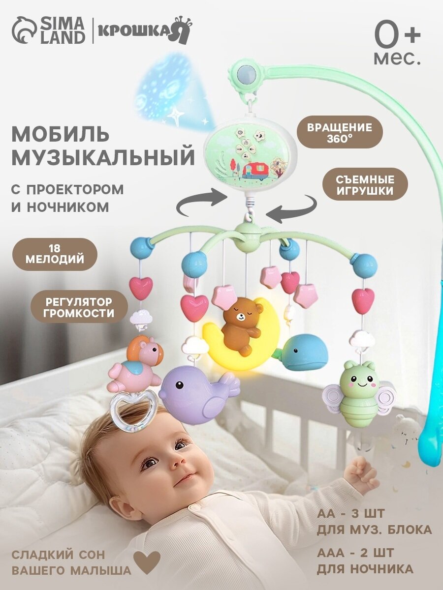 Мобиль музыкальный «Гриб. Мишка на луне», с проектором, цвет микс