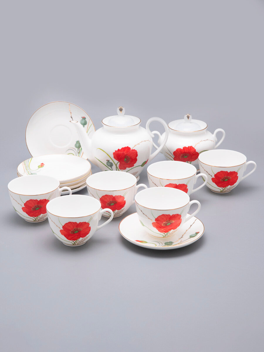 Сервиз чайный " Маки " форма Весенняя 6 персон, 14 предметов, Императорский фарфоровый завод