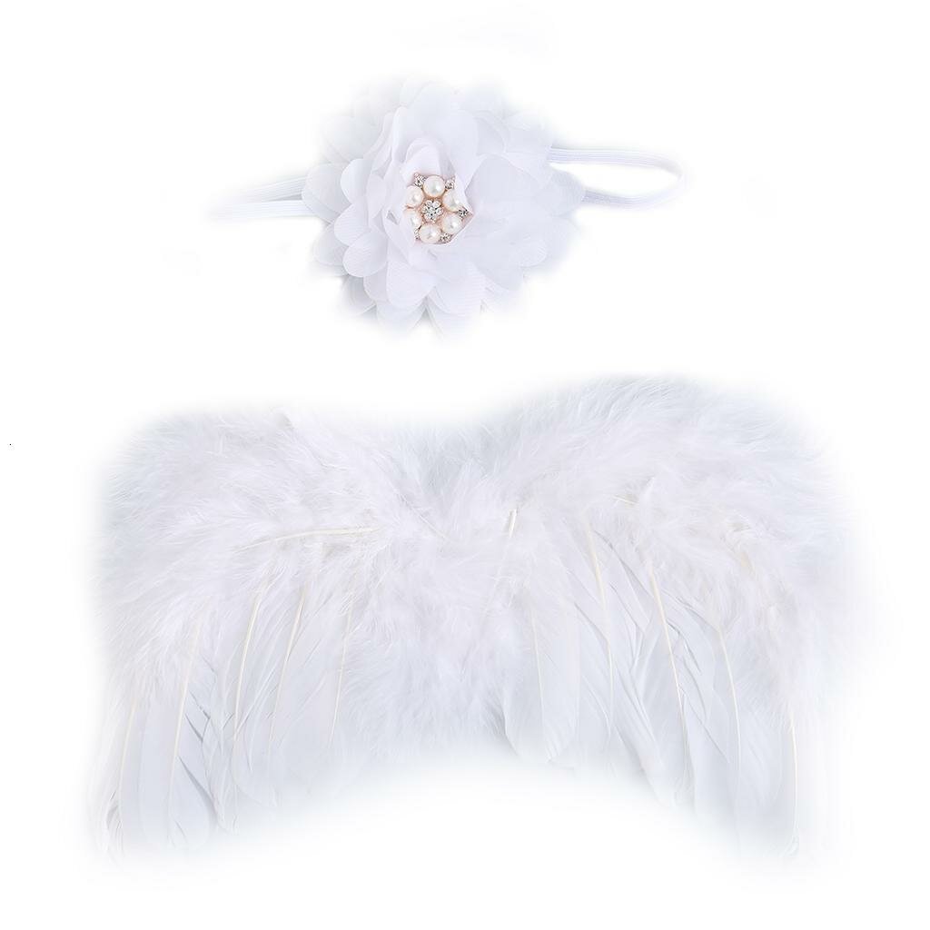 Крылья ангела с перьями и цветочная повязка, Белый
