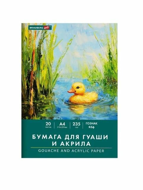 Бумага для гуаши и акрила А4 20 л, 235 г/м2, 210 297 мм, в папке, Уточка