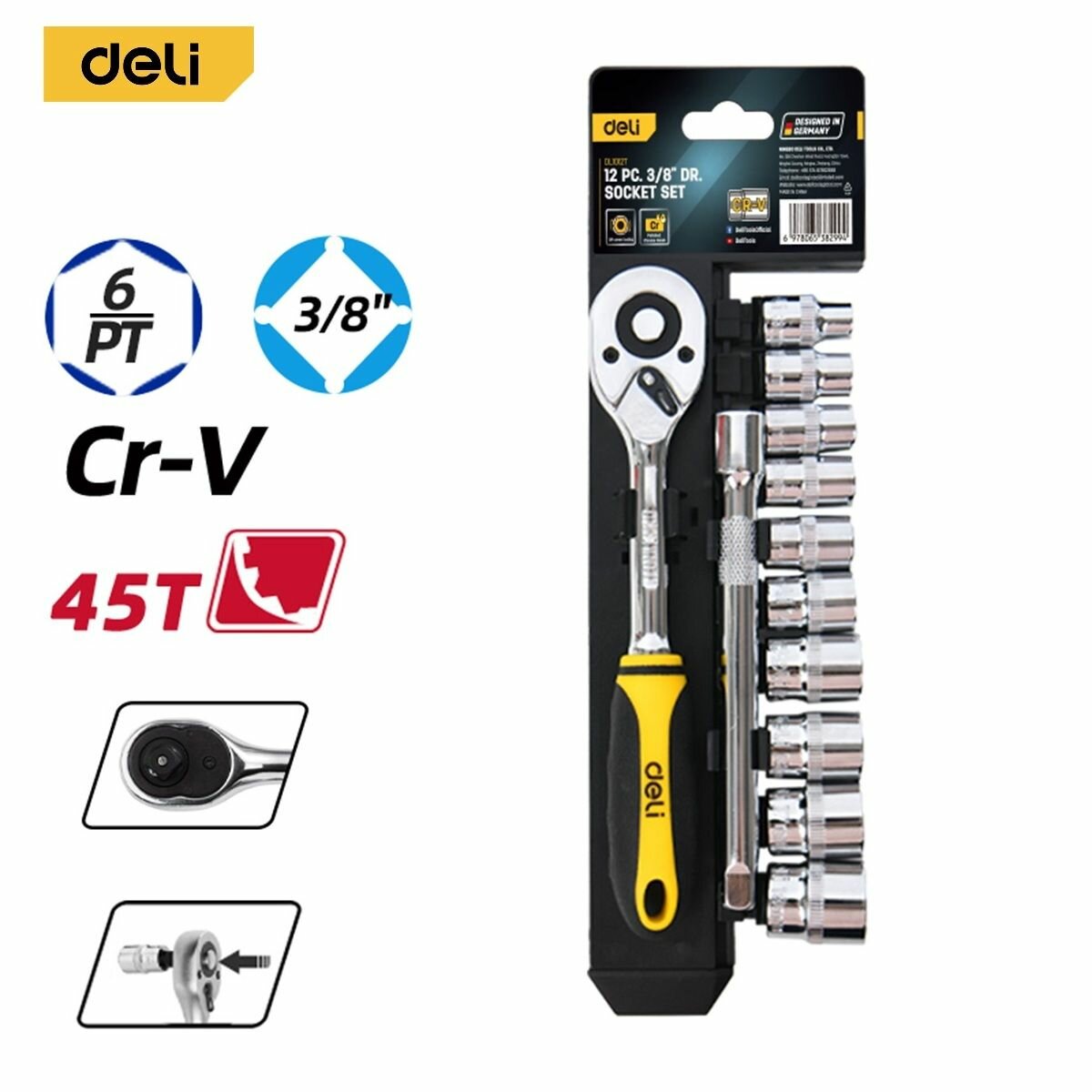 Набор торцевых головок с ключом-трещоткой 3/8 Deli DL1012T (8-19 мм, трещотка 45 зубьев, удлинитель) сталь 50BV30