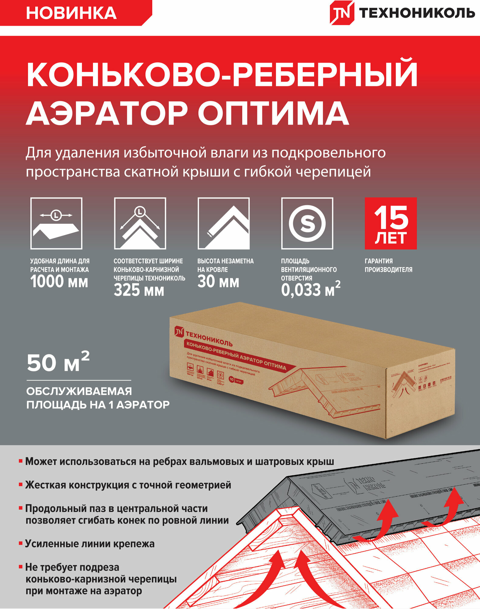Коньковый-реберный аэратор для мягкой кровли Технониколь Оптима 1 м / Аэратор для гибкой черепицы