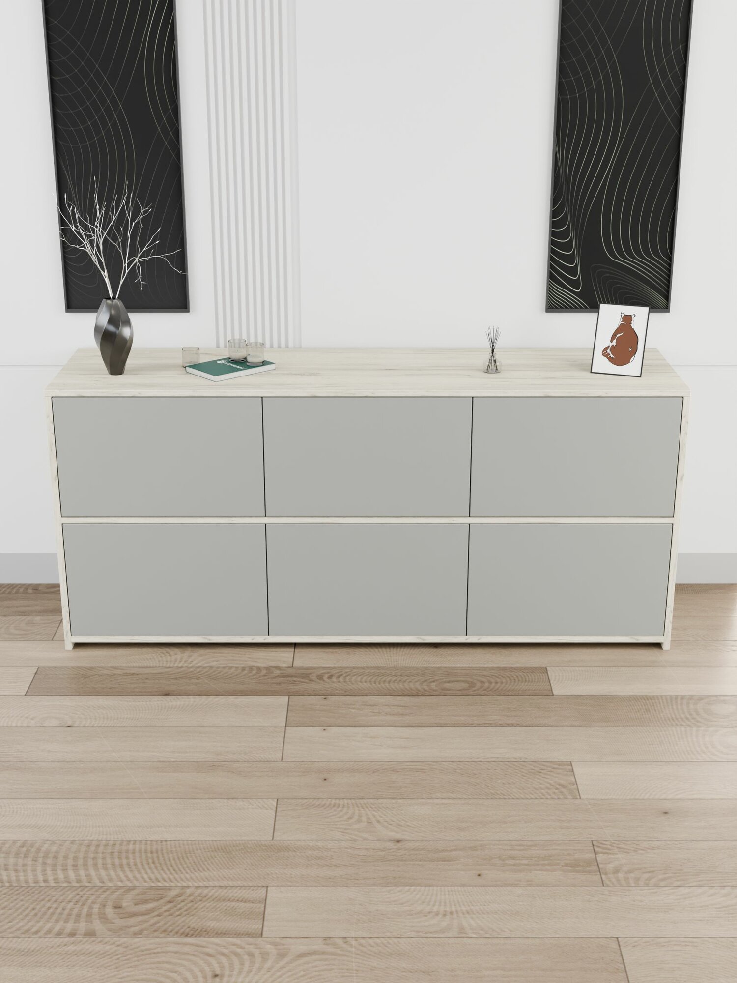 Изумлит Комод для белья и одежды Каллисто 150х66.8х40 см, дуб крафт белый/шиншилла серая