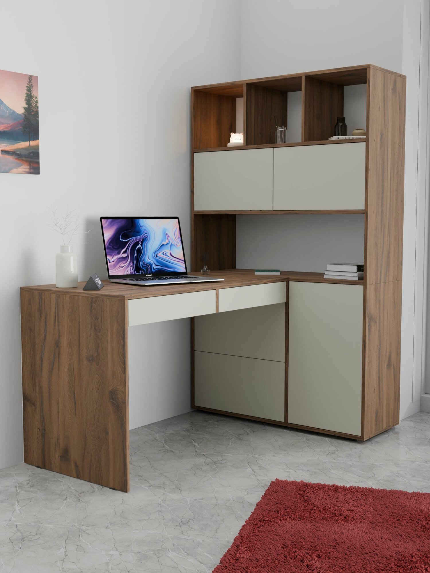 Изумлит Стол-шкаф письменный угловой для учебы и работы, шкаф справа 168х100х147.6 см, дуб крафт табачный-бежевый