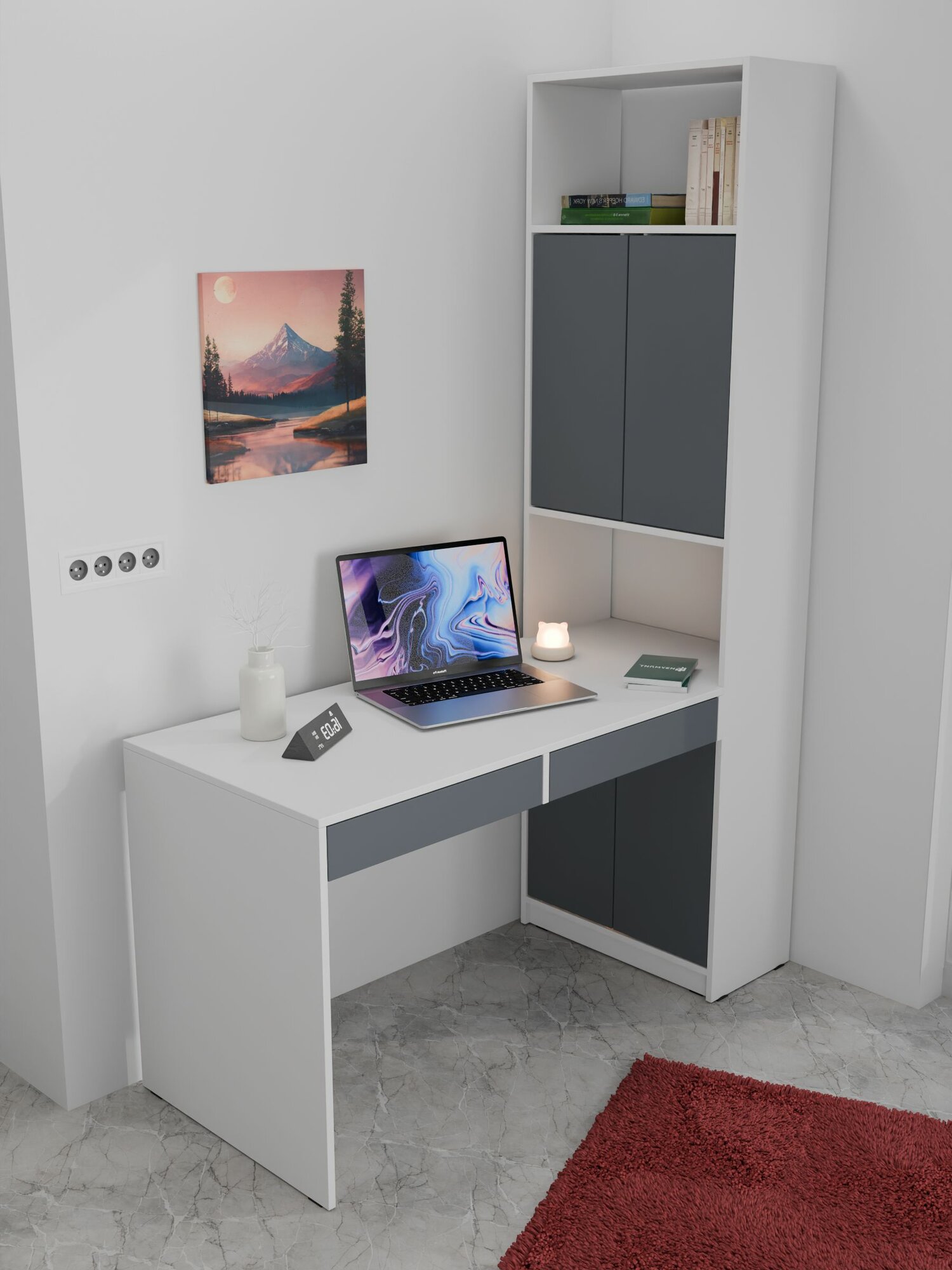 Изумлит Стол-стеллаж с дверьми письменный угловой, стеллаж справа 200х140х59.2 см, белый-графит