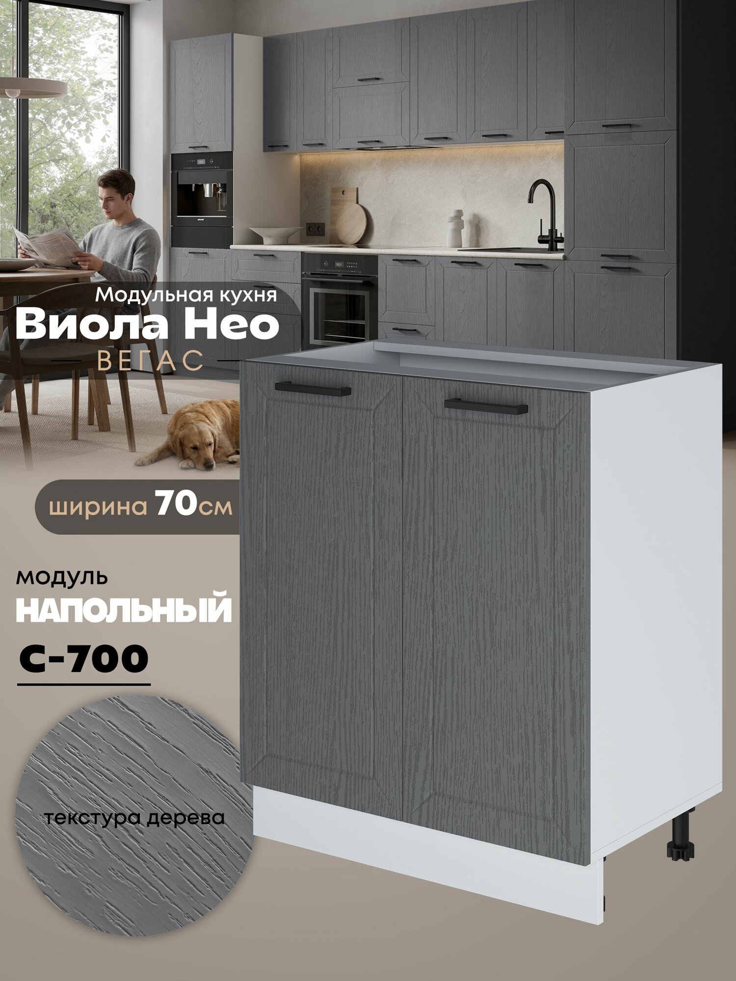 Кухонный напольный модуль с двумя створками Виола Нео Вегас С-700 (Графит структурный/Белый шагрень)