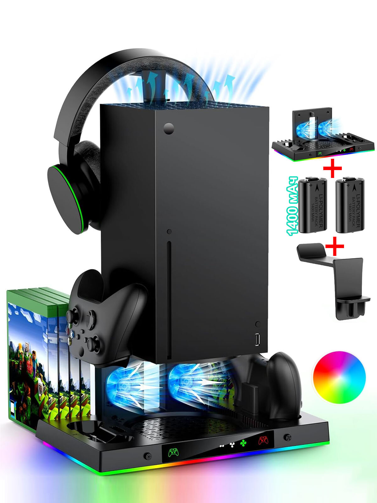 Усовершенствованная охлаждающая станция для Xbox Series X: двойная зарядка контроллеров, 15 RGB-режимов, 2 аккумулятора 1400mAh, органайзер для дисков