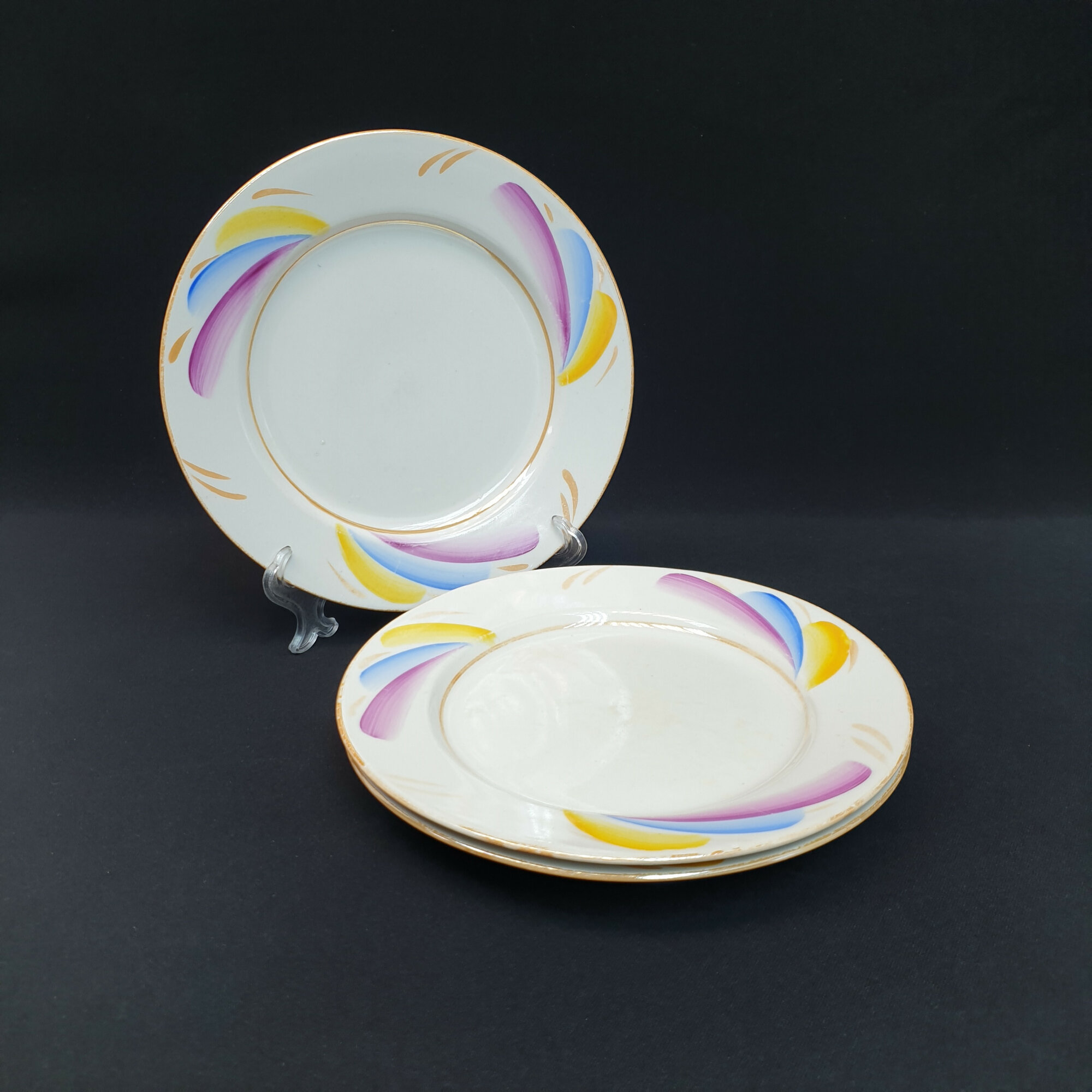 Винтажный набор из 3 десертных тарелок Хайтинский з-д, фарфор роспись 20 см, СССР