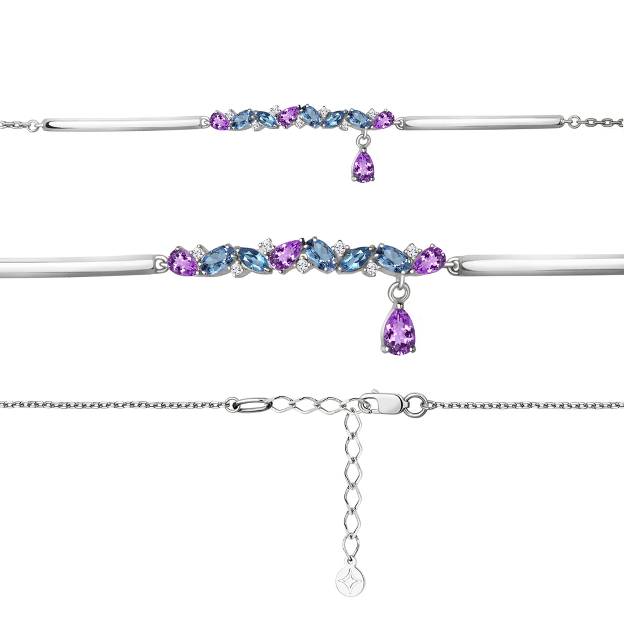 Браслет, серебро, 925 проба, родирование, аметист, фианит