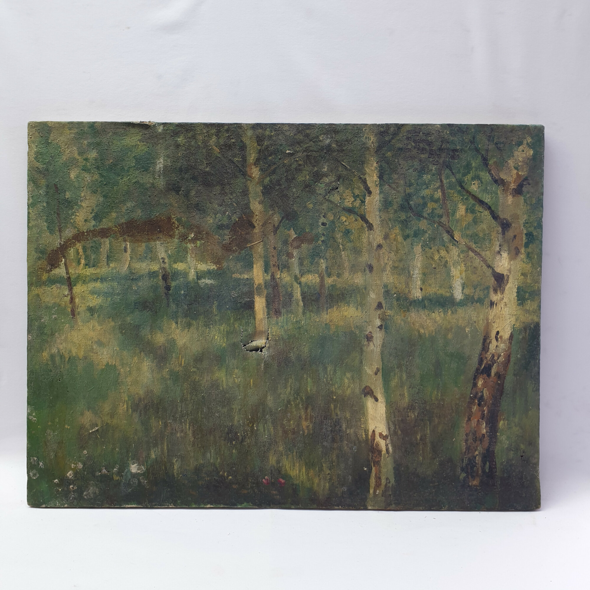 Винтажная картина Березовая роща, холст, масло, 53х70 см, следы времени, без рамкиссср.