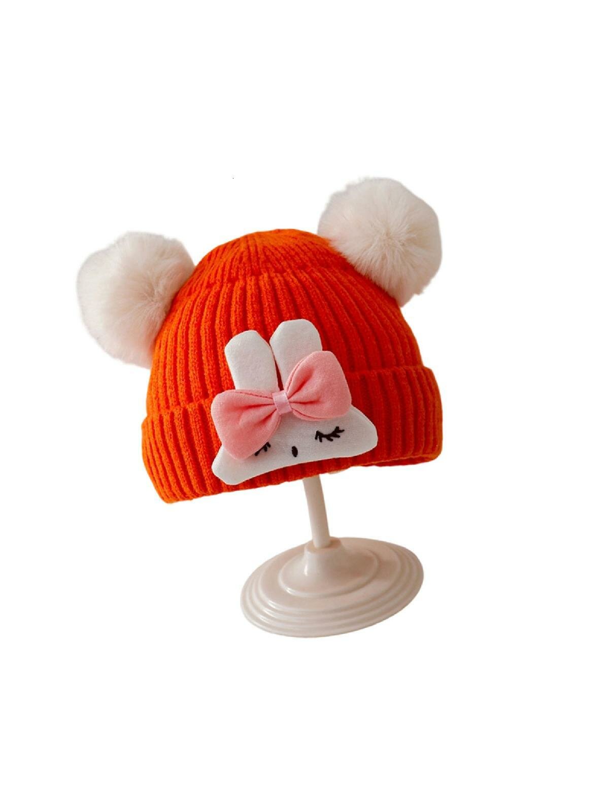 Детская шапочка-бини с помпоном и кроликом, Оранжевый