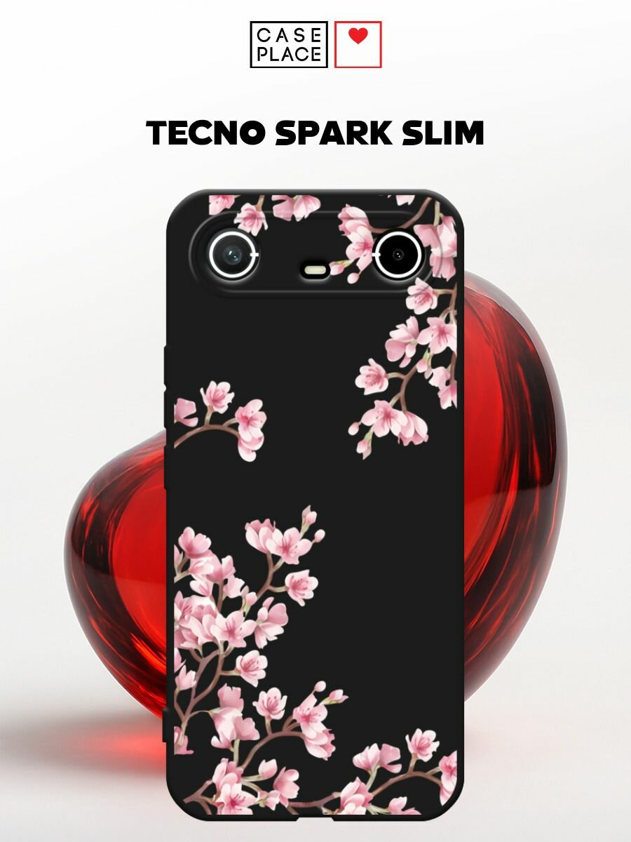 Черный матовый чехол на Tecno Spark Slim / Текно Спарк Слим с принтом Весенняя сакура