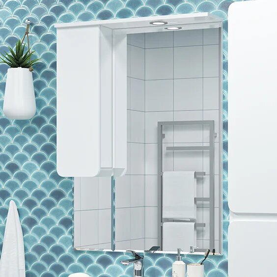 Зеркало Misty Чегет 75 L со светодиодной подсветкой, с полкой, со шкафчиком, 74 см, с розеткой, белое