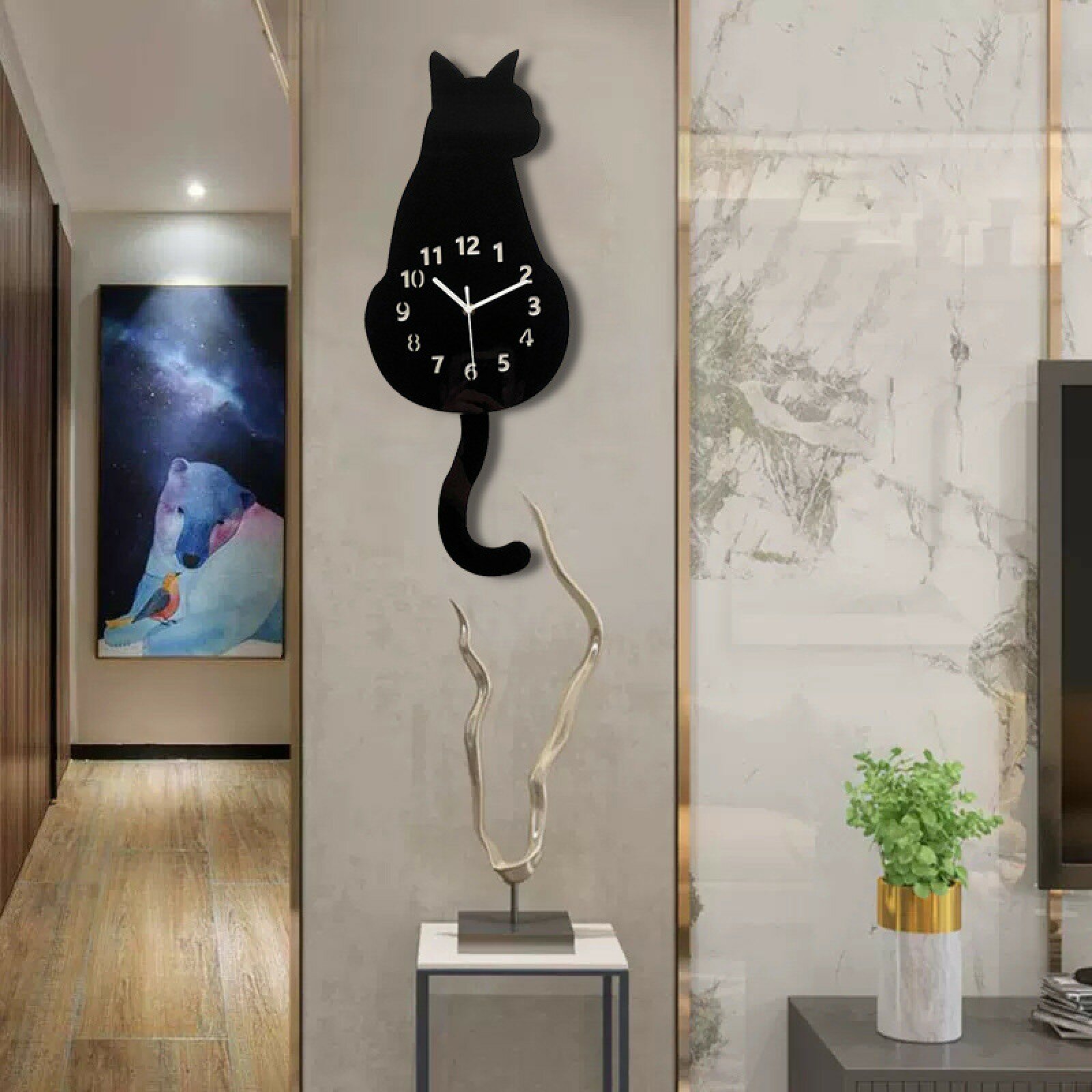 Настенные часы-маятник MyPads X656 в виде кошки с бесшумным механизмом и акриловым корпусом