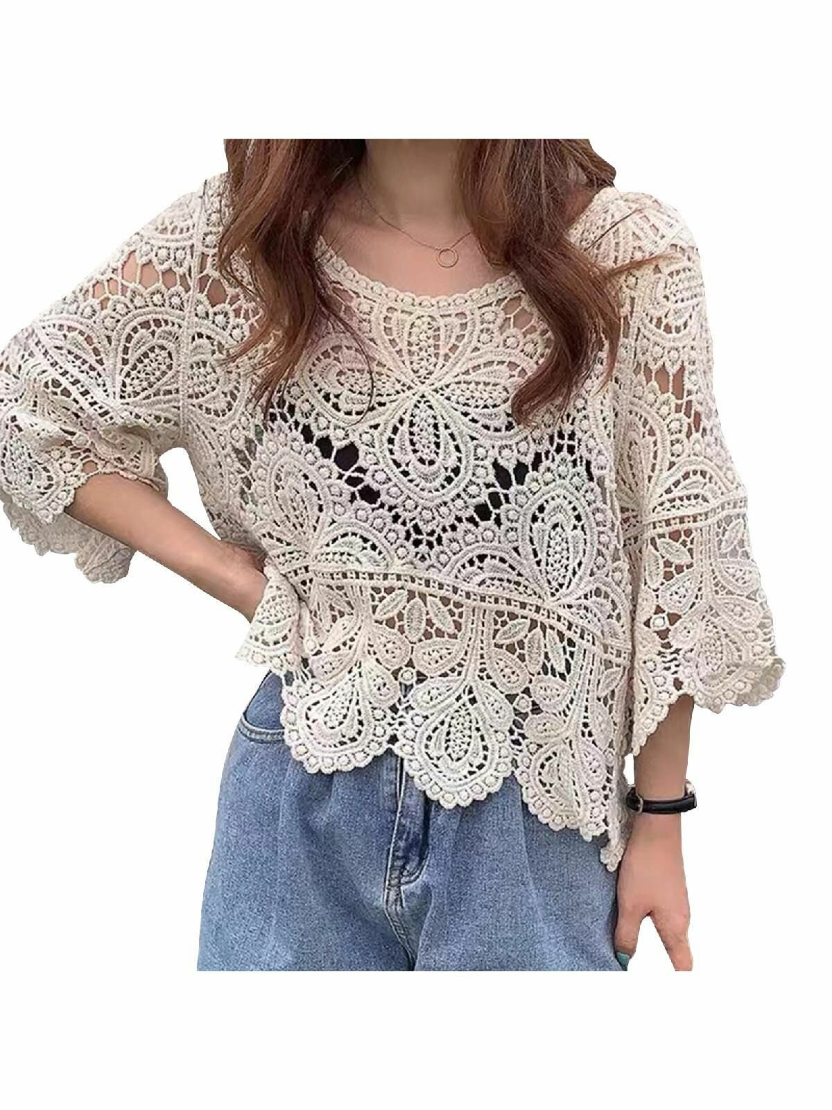 Женская французская блуза-накидка, летняя, вязаная крючком, абрикосовый