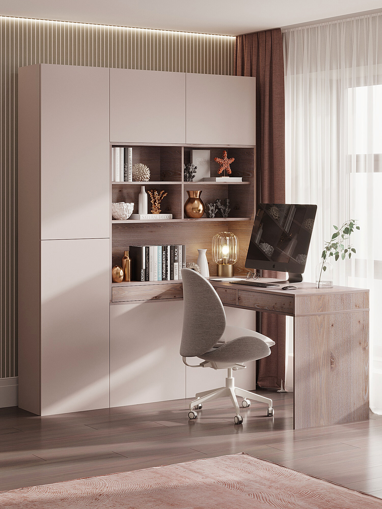 Стол компьютерный со стеллажом и ящиками Click, кашемир/нельсон, 170х155х214 см