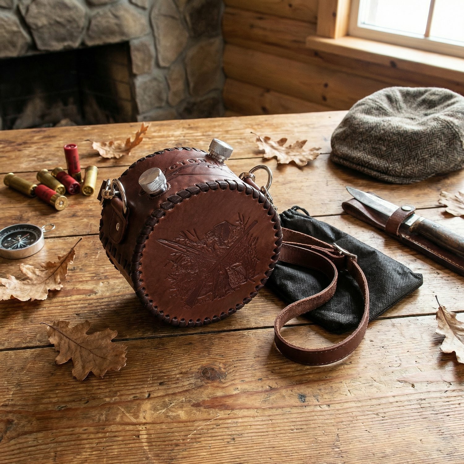 Фляга круглая двойная (2×0,5 л) обтянутая натуральной кожей 542ФК-КТ