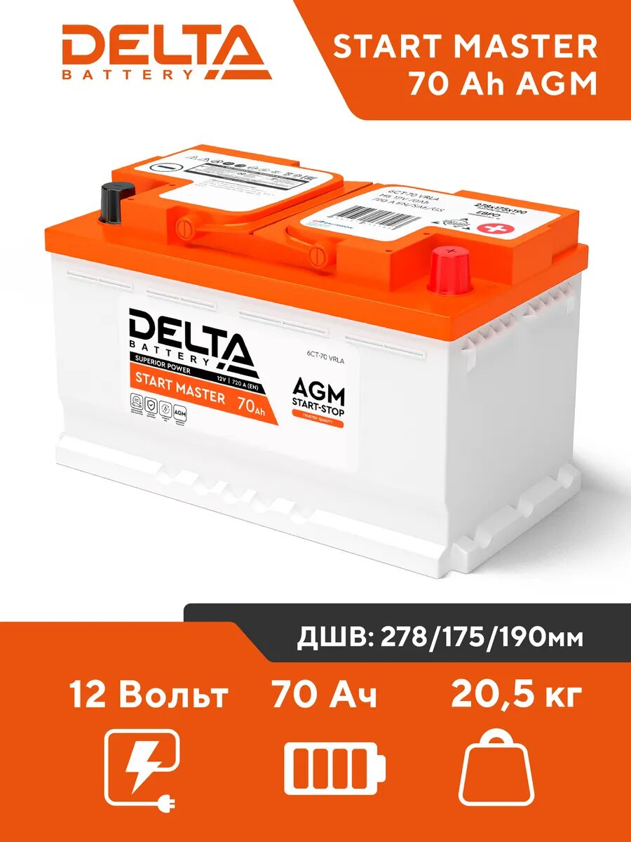Аккумулятор автомобильный 70 Ah 12V AGM обратная полярность