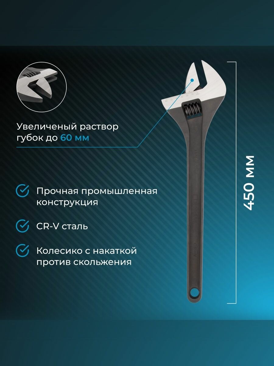 Разводной ключ NORGAU Industrial с раскрытием зева 60 мм, HРM High precision machining, 450 мм