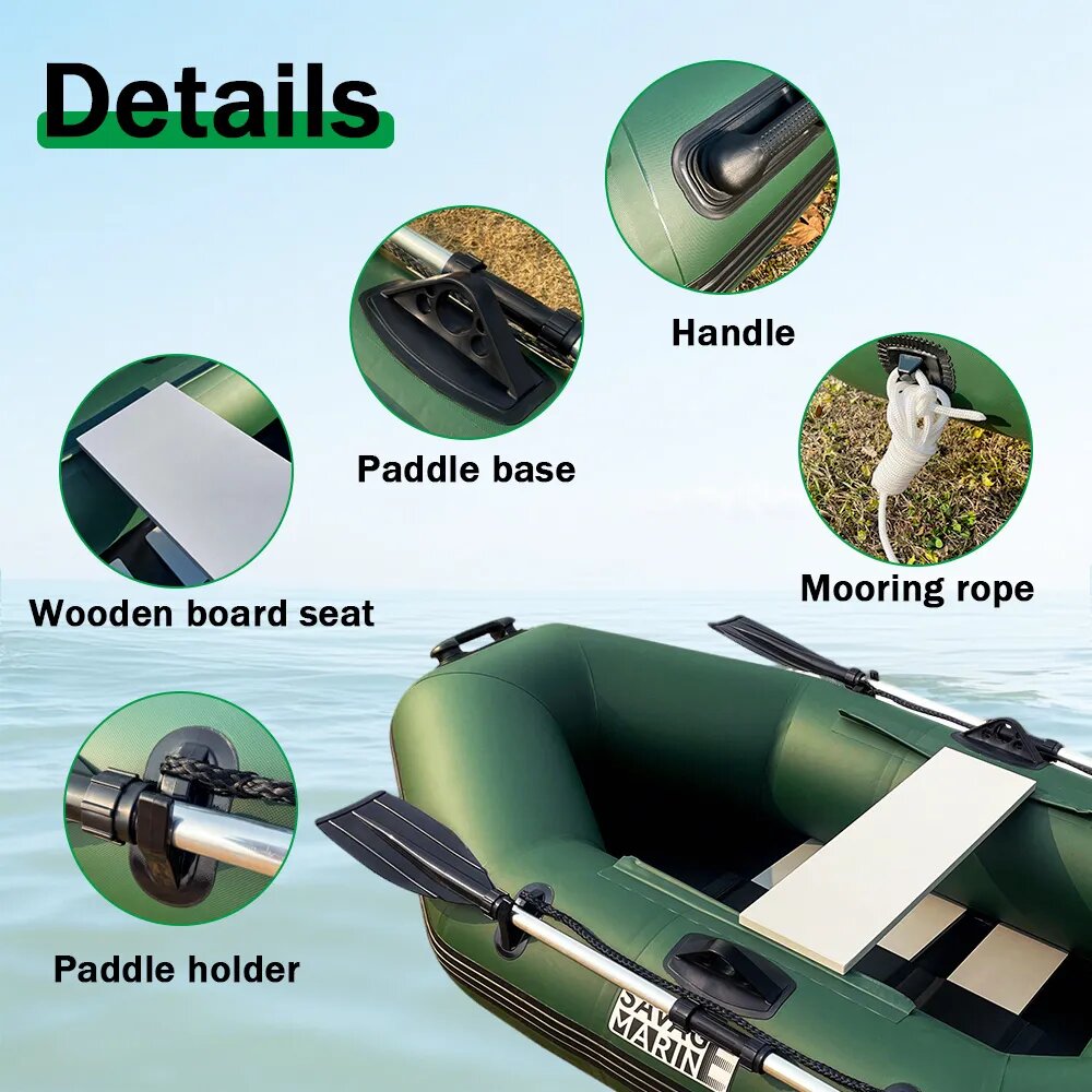HongDiJia Лодка надувная для рыбалки ПВХ 180-2 (Армия зелёная) с веслами, жестким сиденьем, насосом и держателем