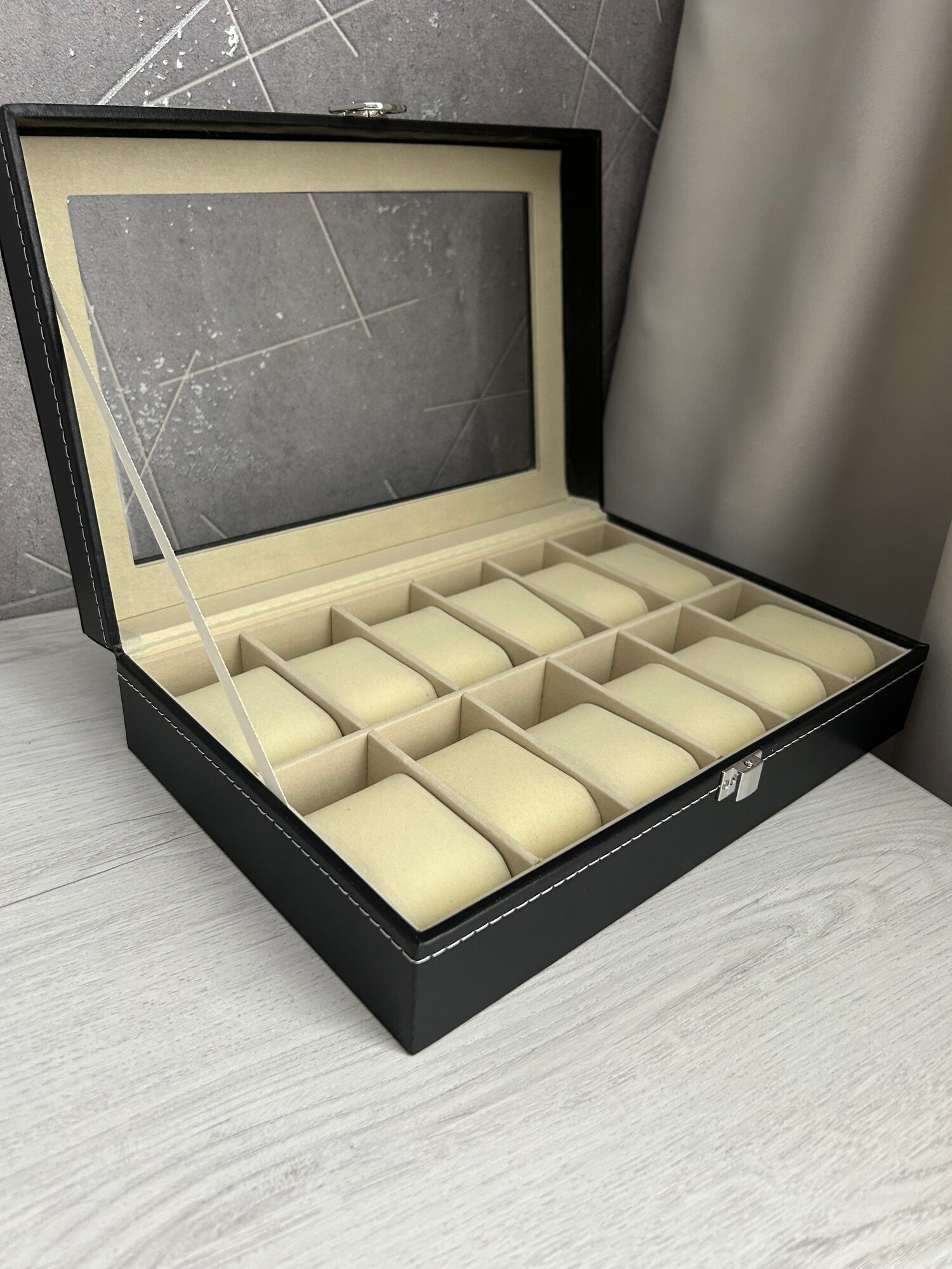 Классическая шкатулка для хранения часов на 12 штук, большая, черная