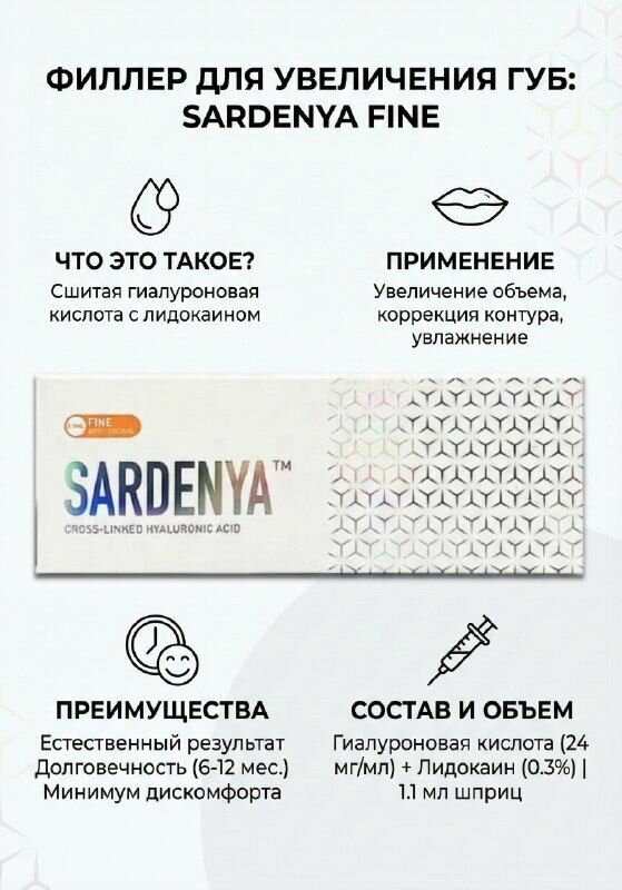 Sardenya Fine Филлер для увеличения губ, заполнения морщин с лидокаином Сардиния Файн,1 мл