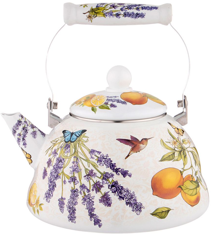 Чайник для плиты Agness / Агнесс Прованс Лимоны эмалированный белый 3л / кухонная посуда для всех видов плит