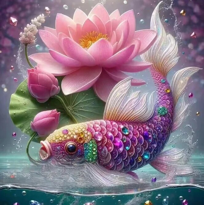 Алмазная живопись beadslove Koi Fish Lotus Flowers AB Square 50x50cm, FD068