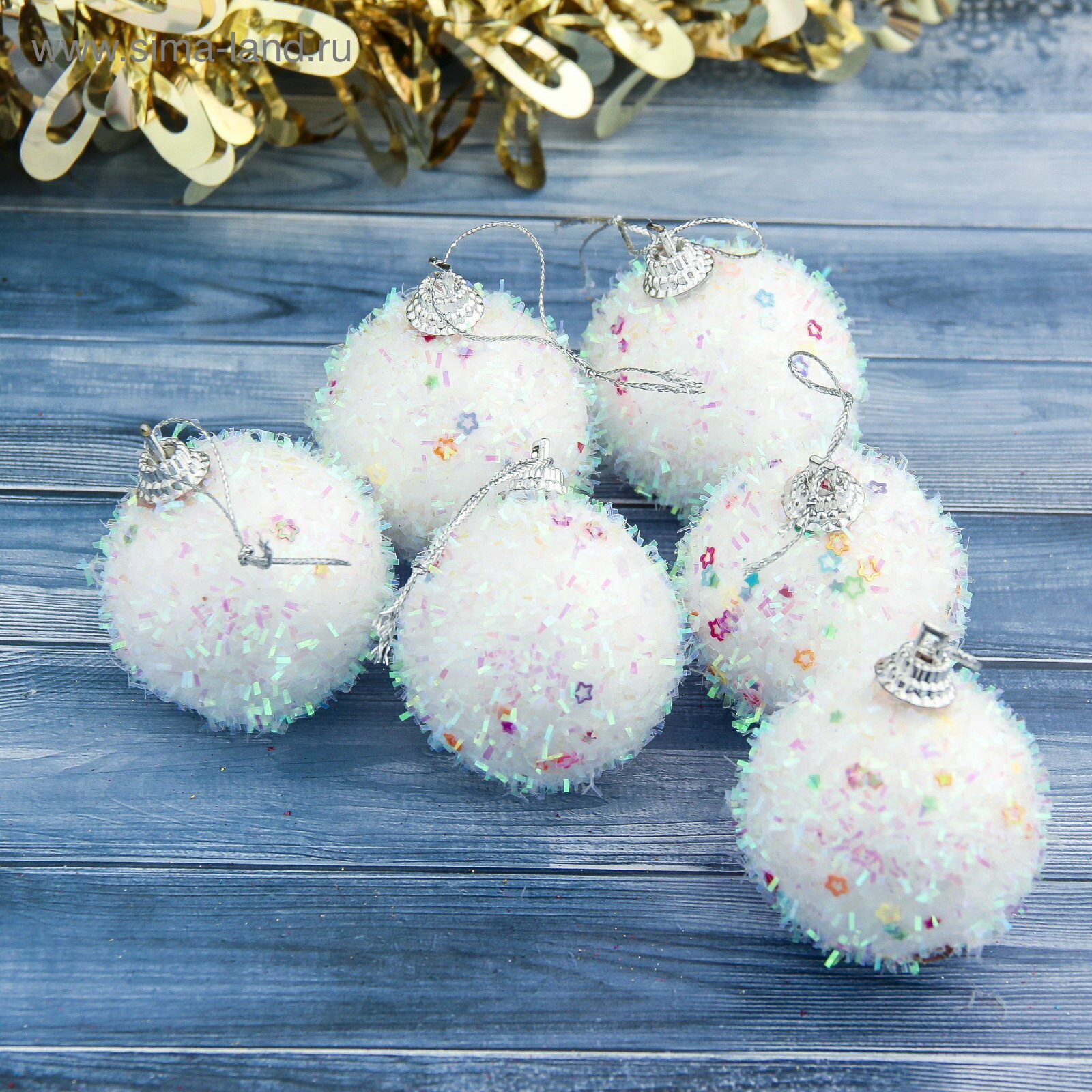 Ёлочные игрушки "Пушистый блеск", шары новогодние, d=5 см, набор 6 шт, белый