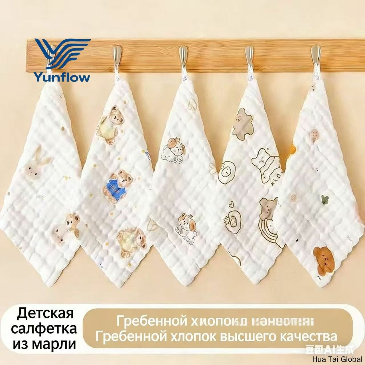 Набор детских платочков, 5 шт, 20x20 см, Муслин, Голубой