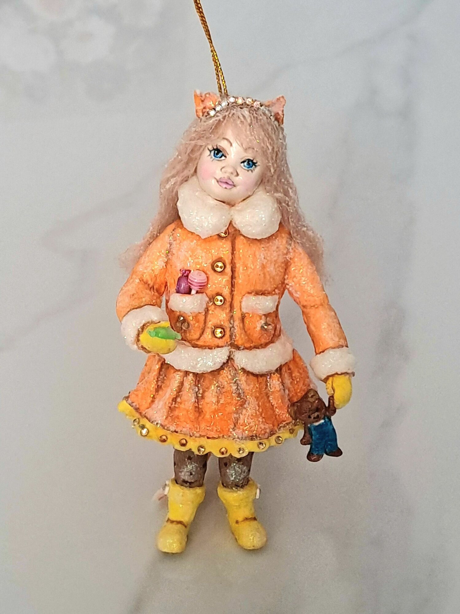 Девочка в костюме лисички, 14 см. Ватная игрушка. Ручная работа