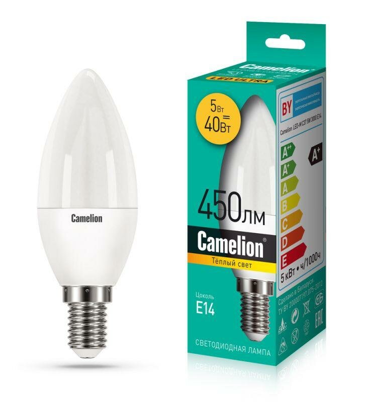 Лампа светодиодная LEDRB/5-C35/830/E14 5Вт свеча 3000К тепл. бел. E14 170-265В LED-M C37 Camelion 15049