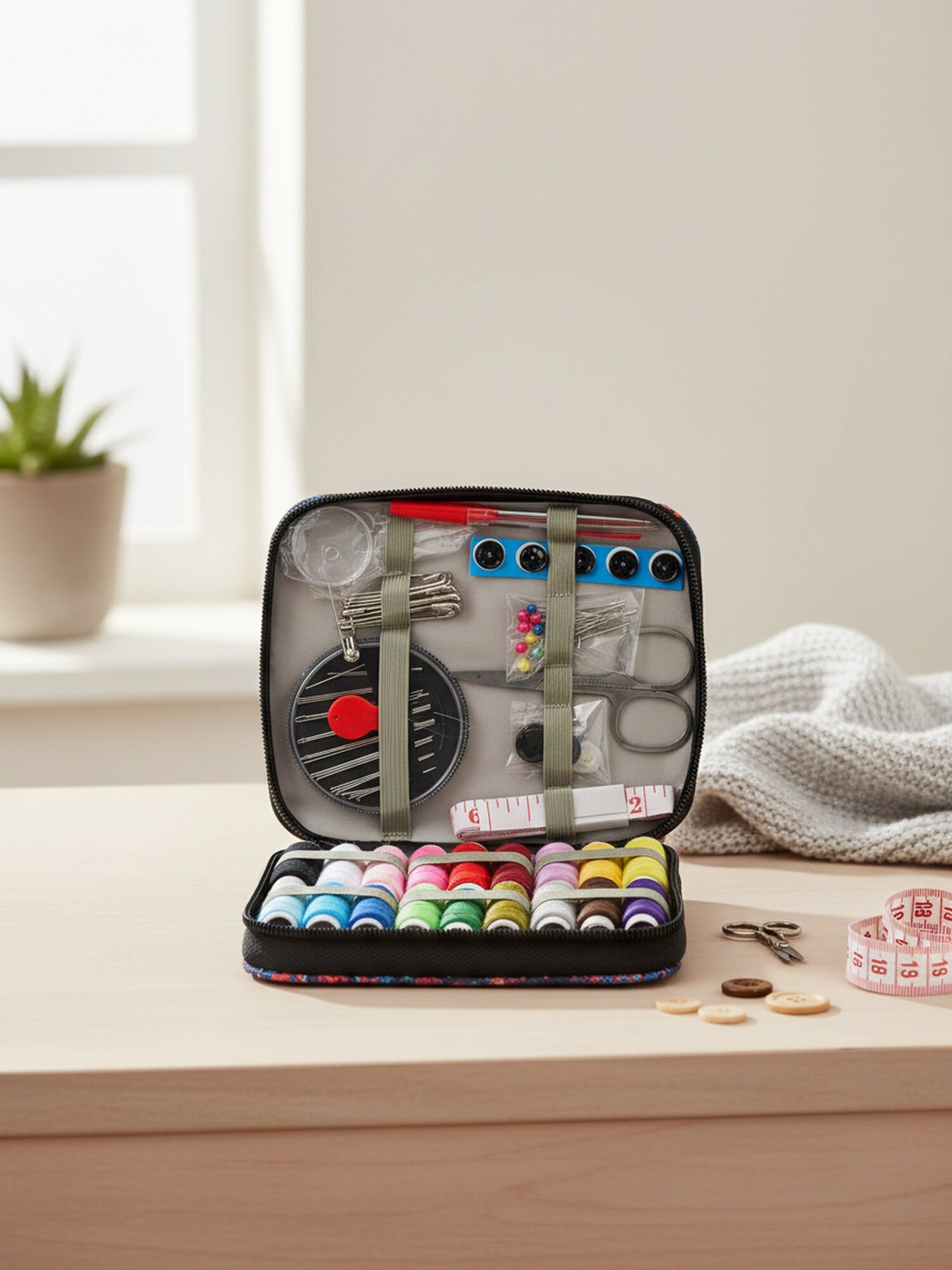 Набор швейный в текстильном пенале Y4-11576, 14х12х3.5 см, дорожный органайзер для рукоделия с нитками и иголками