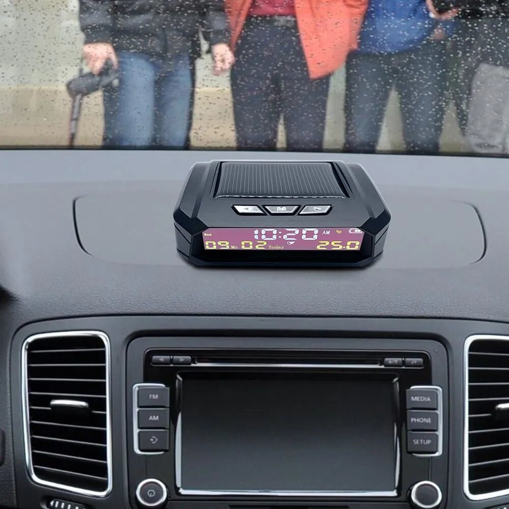 Солнечные автомобильные часы AN02 с LCD-дисплеем, встроенной батареей и функцией термометра