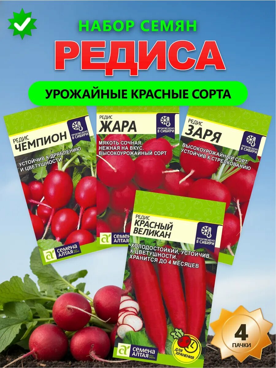 Набор семян красного редиса для открытого грунта и теплиц, 4 сорта