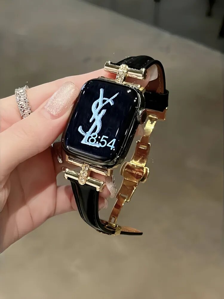 Кожаный ремешок для Apple Watch 10-11 46 мм/ Series 1-9, SE, Ultra 1 и 2, 42 мм, 44 мм, 45 мм, 49 мм/ SE 3 44мм, со стразами, Celine