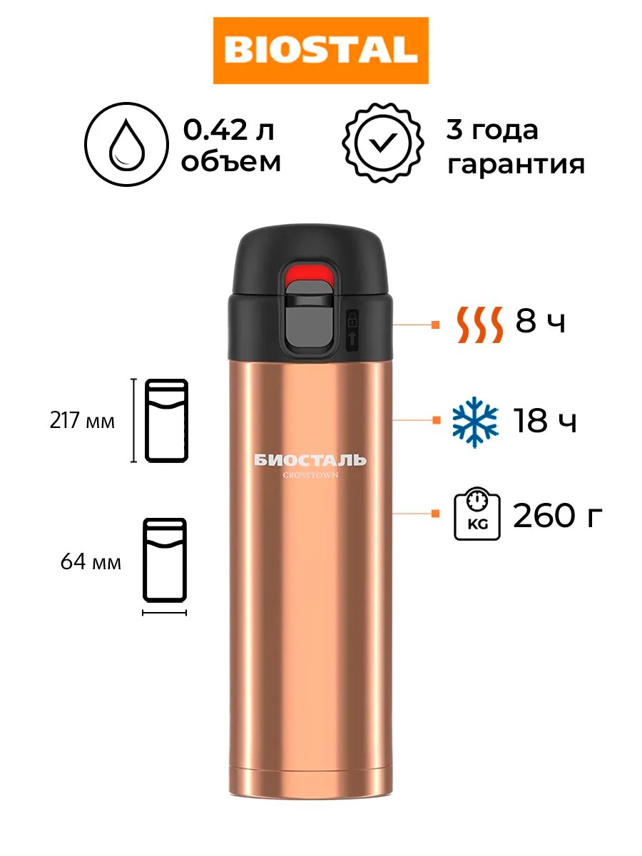 Термокружка автомобильная Biostal женская 0,42 л для кофе NMU-420BR