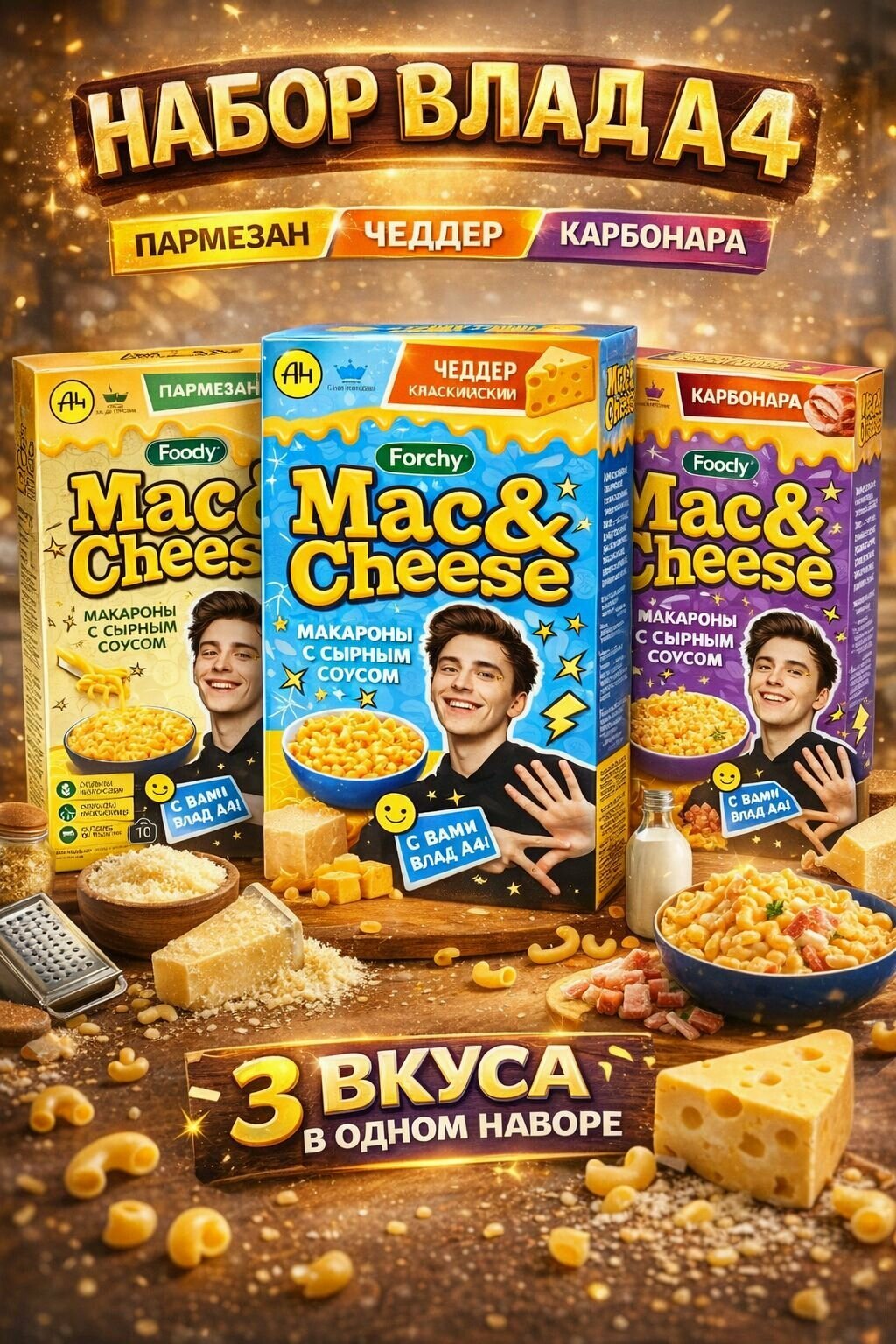Набор 3 вкуса макарон Влад А4 Mac&Cheese по 143 гр