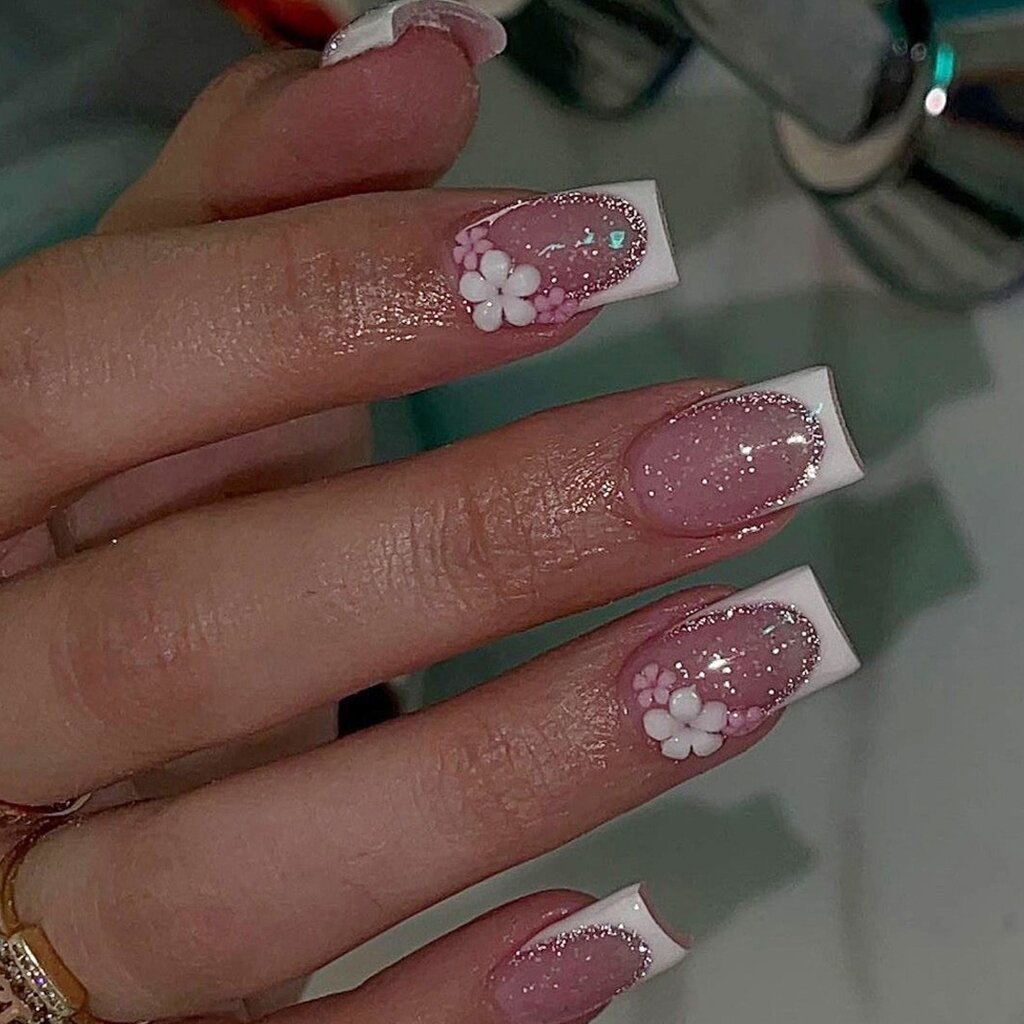 24шт Квадратный Пресс для Ногтей Клеит на Ногти Французский Дизайн Поддельных Ногтей Накладные Ногти Искусственные Ногти Подарки для Женщин и Девочек