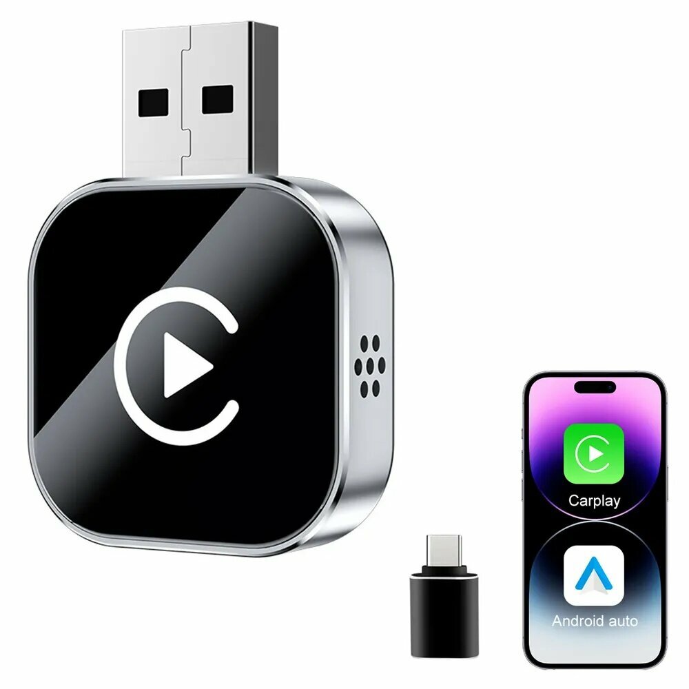 Адаптер беспроводного CarPlay для iPhone: Преобразователь проводного в беспроводной, Улучшенный мини-размер 2025 года с USB и Type-C, Размер 4.35x3x1cm, Bluetooth 5.0, Материал Металл+Стекло