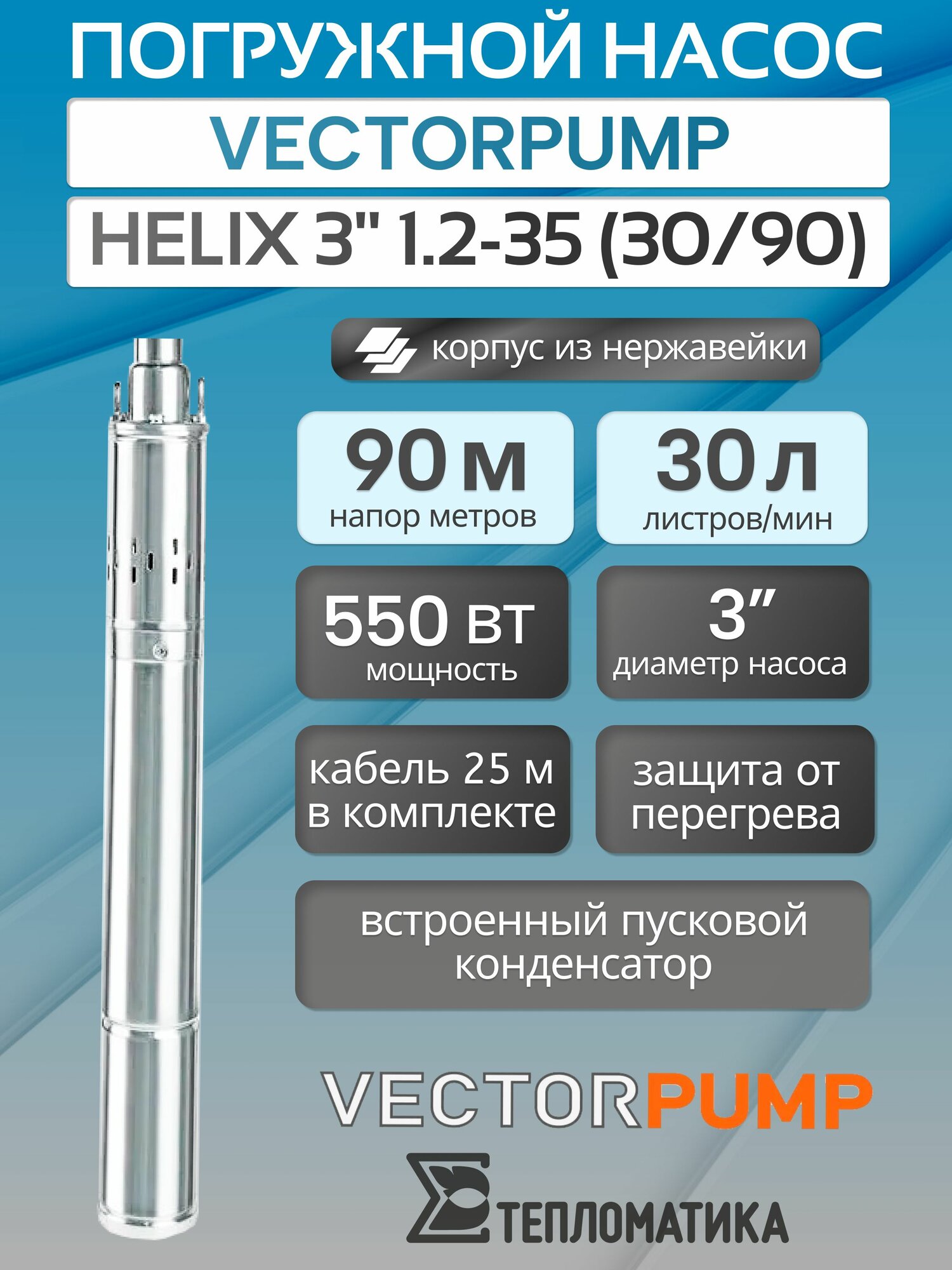 Электронасос винтовой, (шнековый), погружной VectorPump Helix 3" 1.2-35 (30/90)