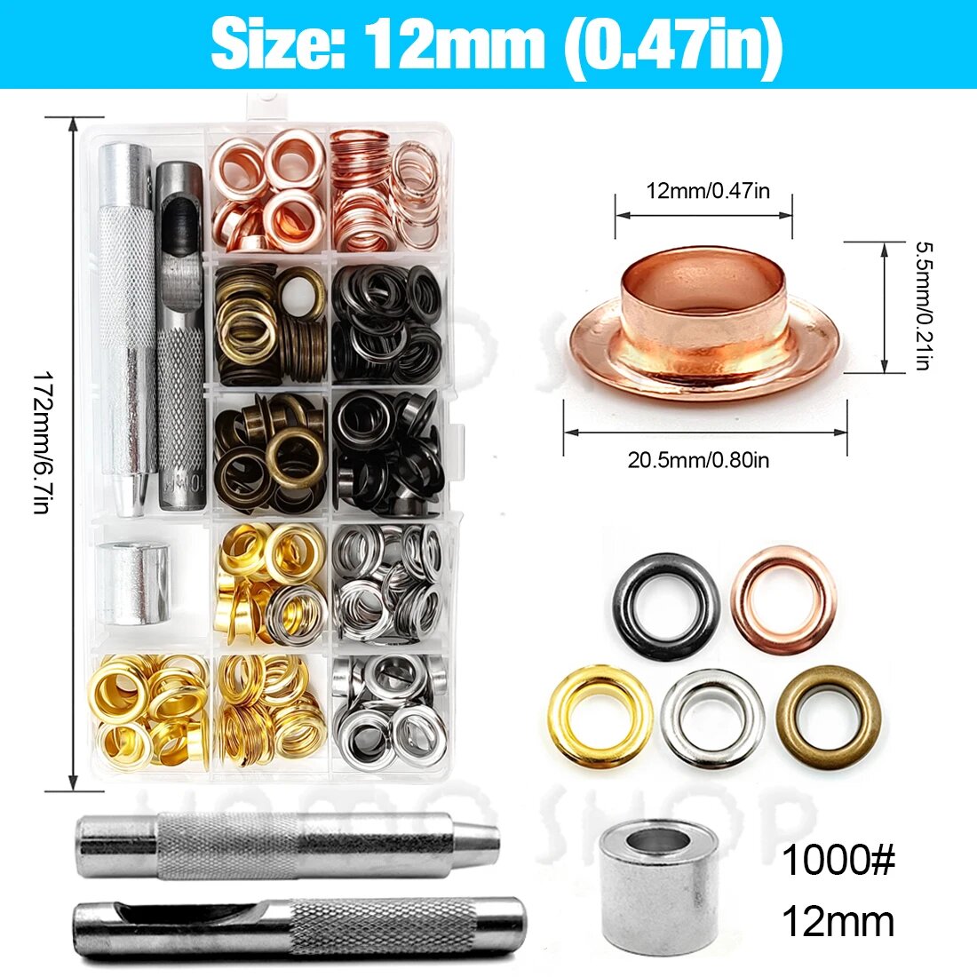 200 шт, набор металлических люверсов, набор инструментов для установки дырокола с коробкой для 12mm