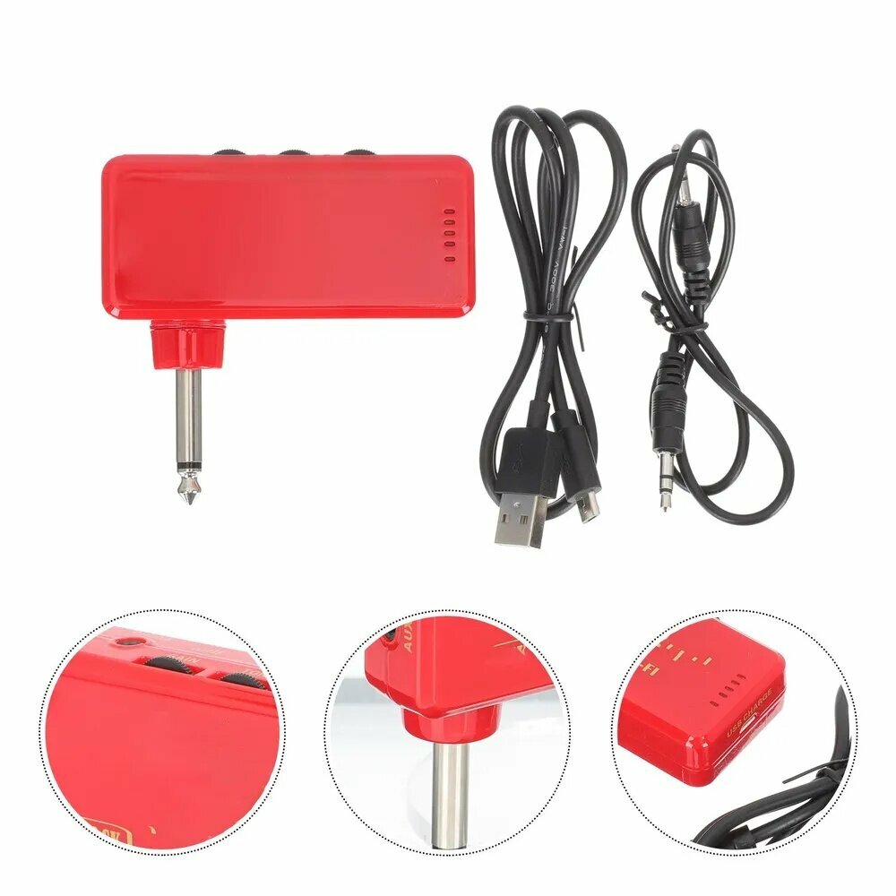 Портативный пластиковый мини усилитель для электрогитары и бас-гитары с наушниками, 2 комплекта, красный цвет