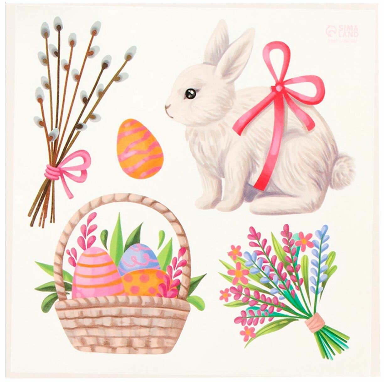 Переводные тату цветные "Кролик и пасхальная корзинка" детские, 10х10 см, набор маленьких временных татуировок на тело, руку, шею, ключицу