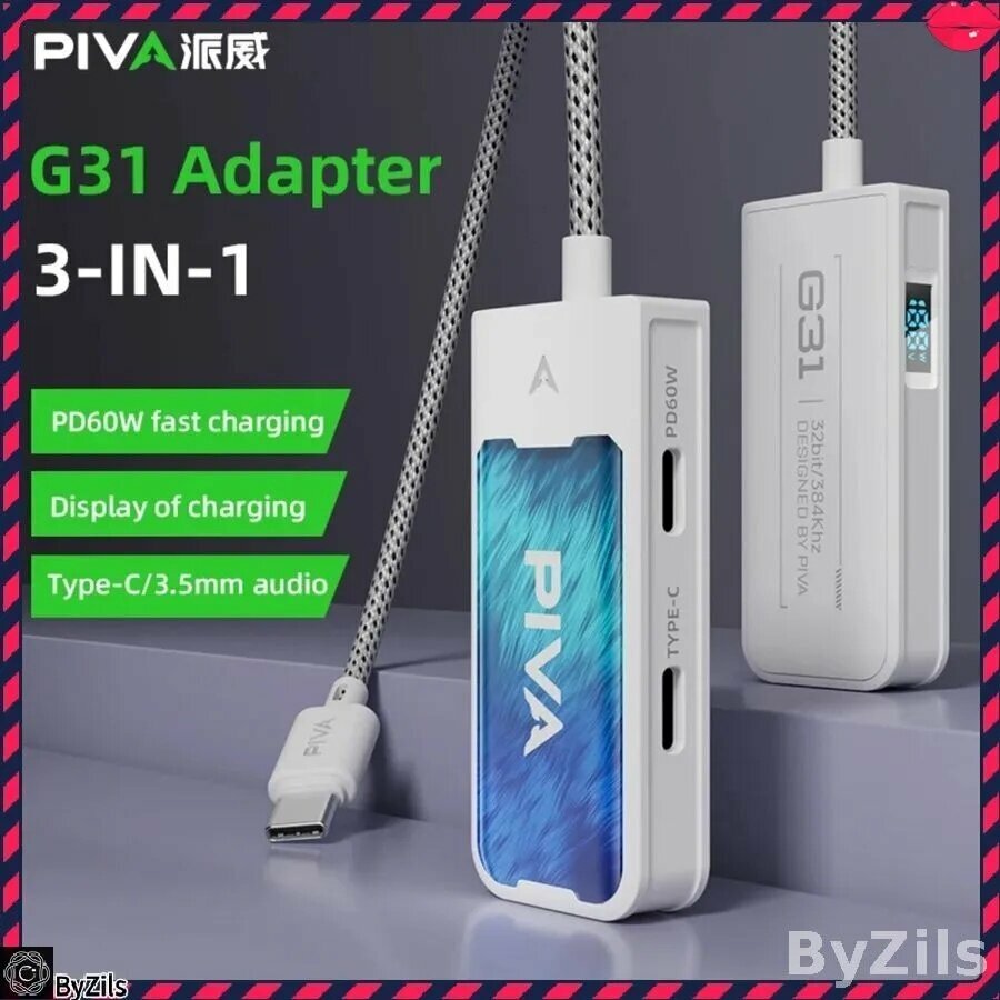 Адаптер PIVA G31 3 в 1 USB-C Type-C поддерживает быструю зарядку мощностью 60 Вт, оснащен встроенным ЦАП 32 бит/Гц/кГц/Мбит/с, аудиоразъемом 3,5 мм/Type-C и индикатором уровня зарядки.